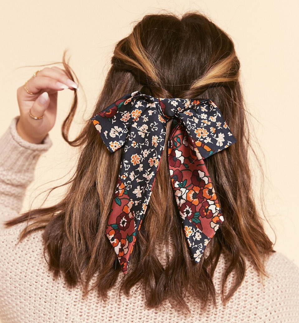 Patchwork Poppies Bow Barrette | Hair Bow Barrette with Tails | Luxury ...